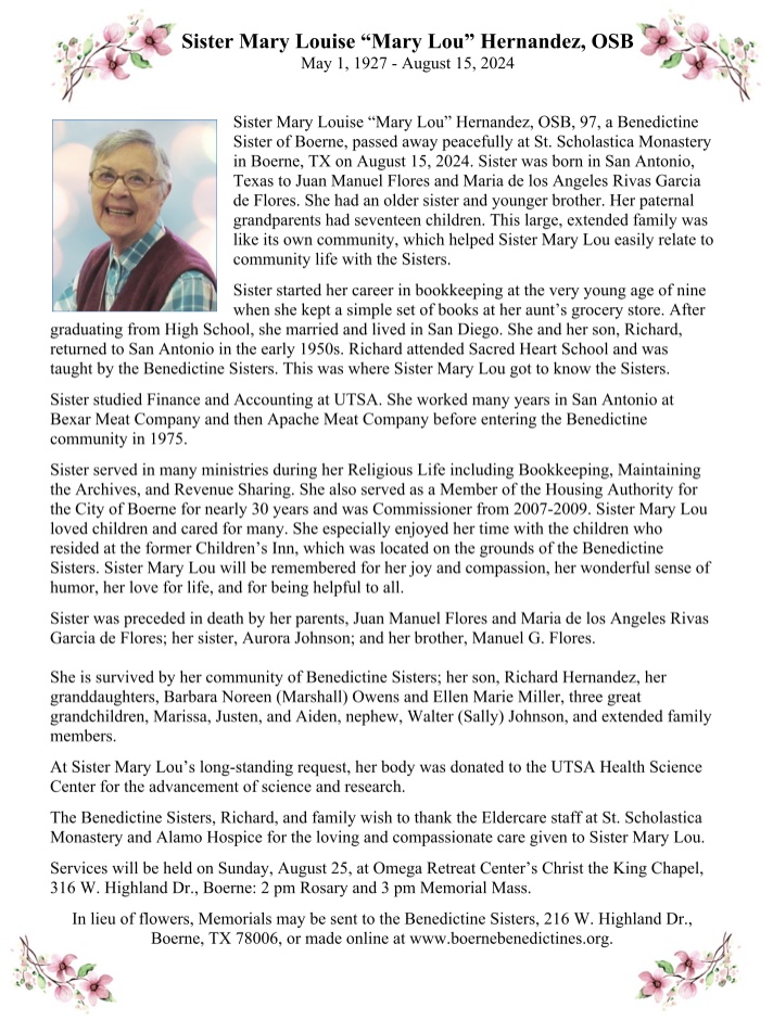 Announcing the passing of our Sister Mary Louise Hernandez, OSB ...